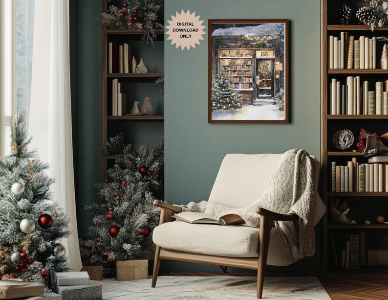 Christmas Bookstore Wall Art | Cozy Bookstore | Bookstore at Christmas ...