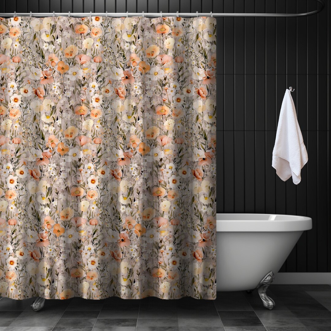 Peach Floral Shower Curtain Boho Design Privacy Screen Botanical Bath ...
