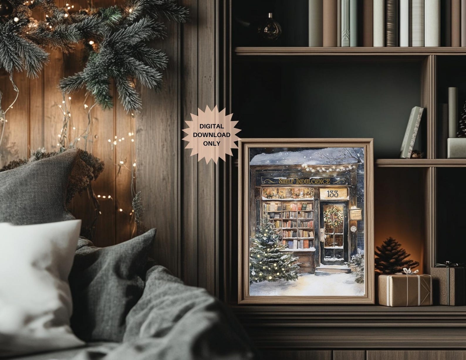 Christmas Bookstore Wall Art | Cozy Bookstore | Bookstore at Christmas ...