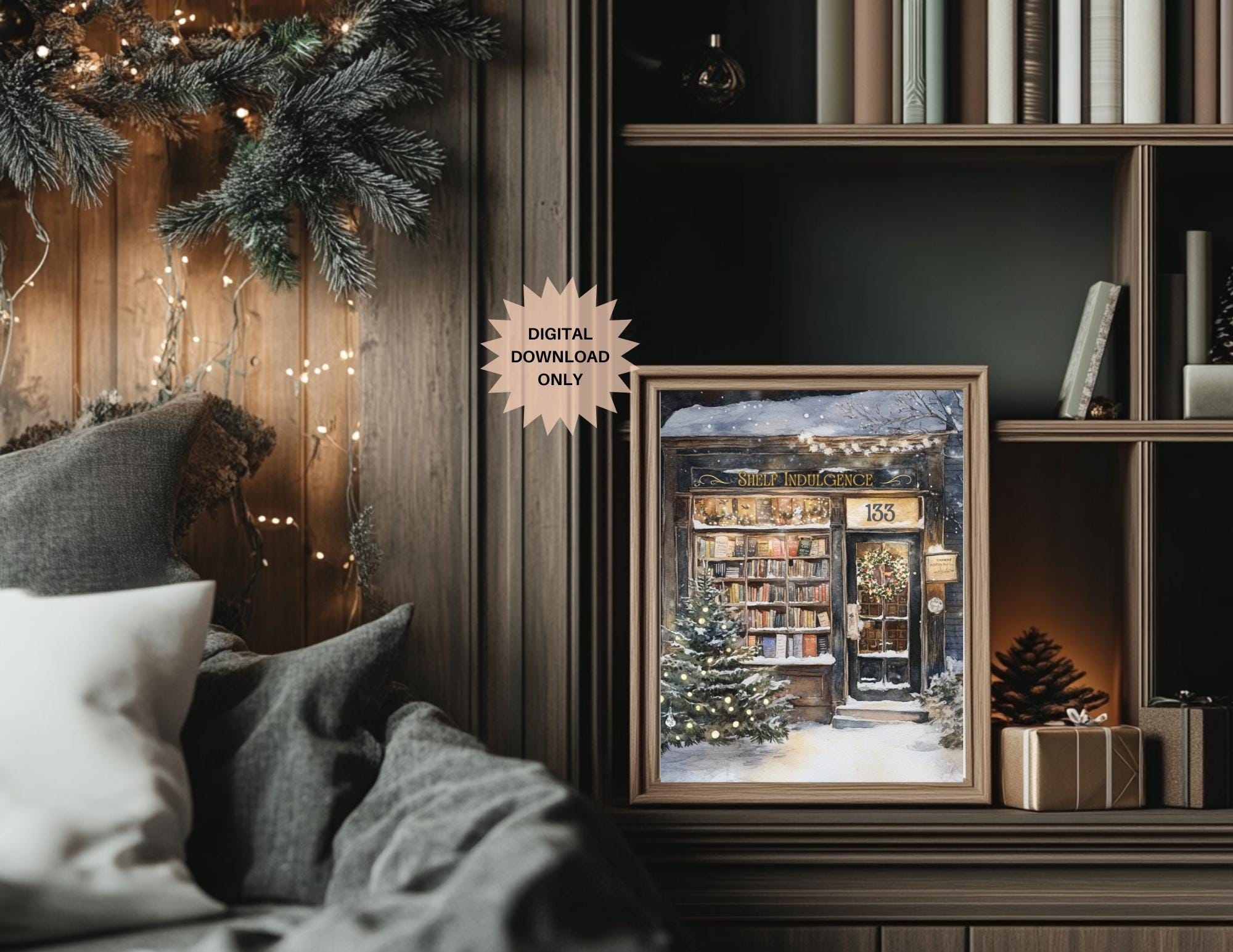 Christmas Bookstore Wall Art | Cozy Bookstore | Bookstore at Christmas ...