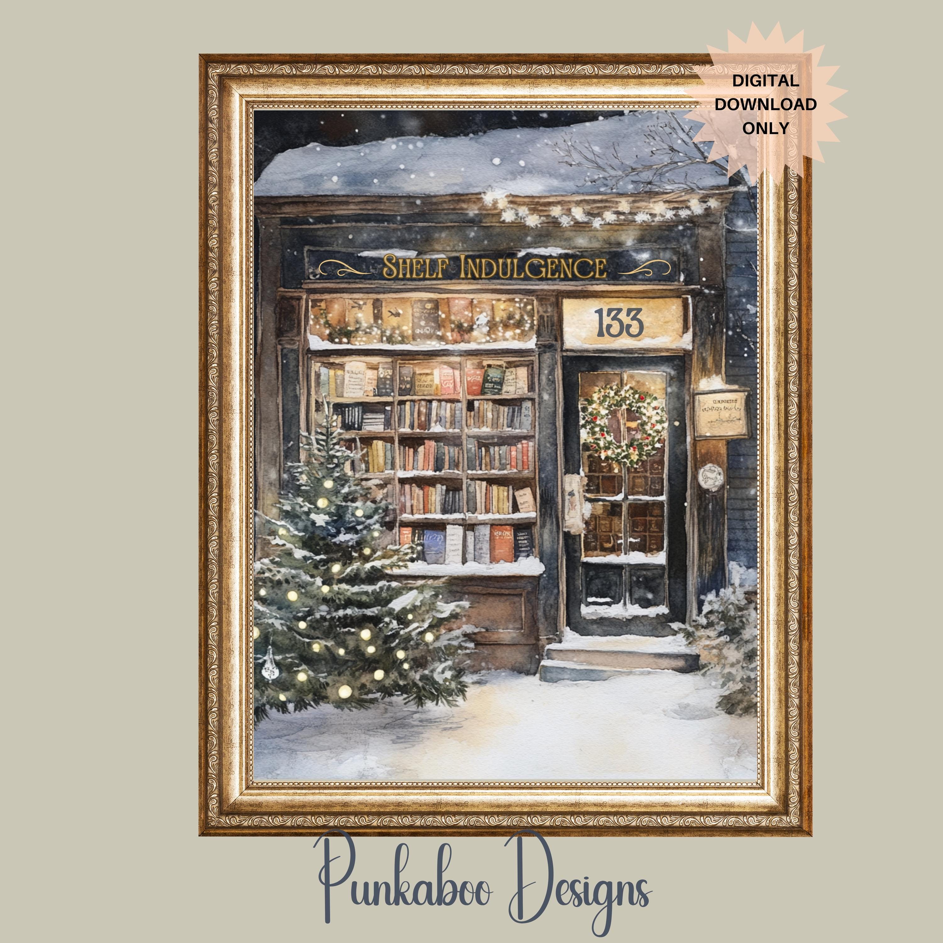 Christmas Bookstore Wall Art | Cozy Bookstore | Bookstore at Christmas ...