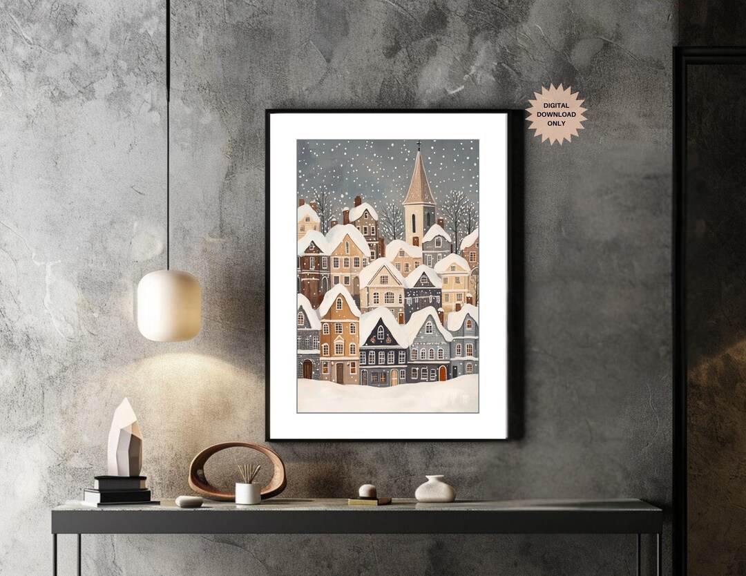 Neutral Winter Village Wall Art Print | Hygge Winter Wall Art | Cozy ...