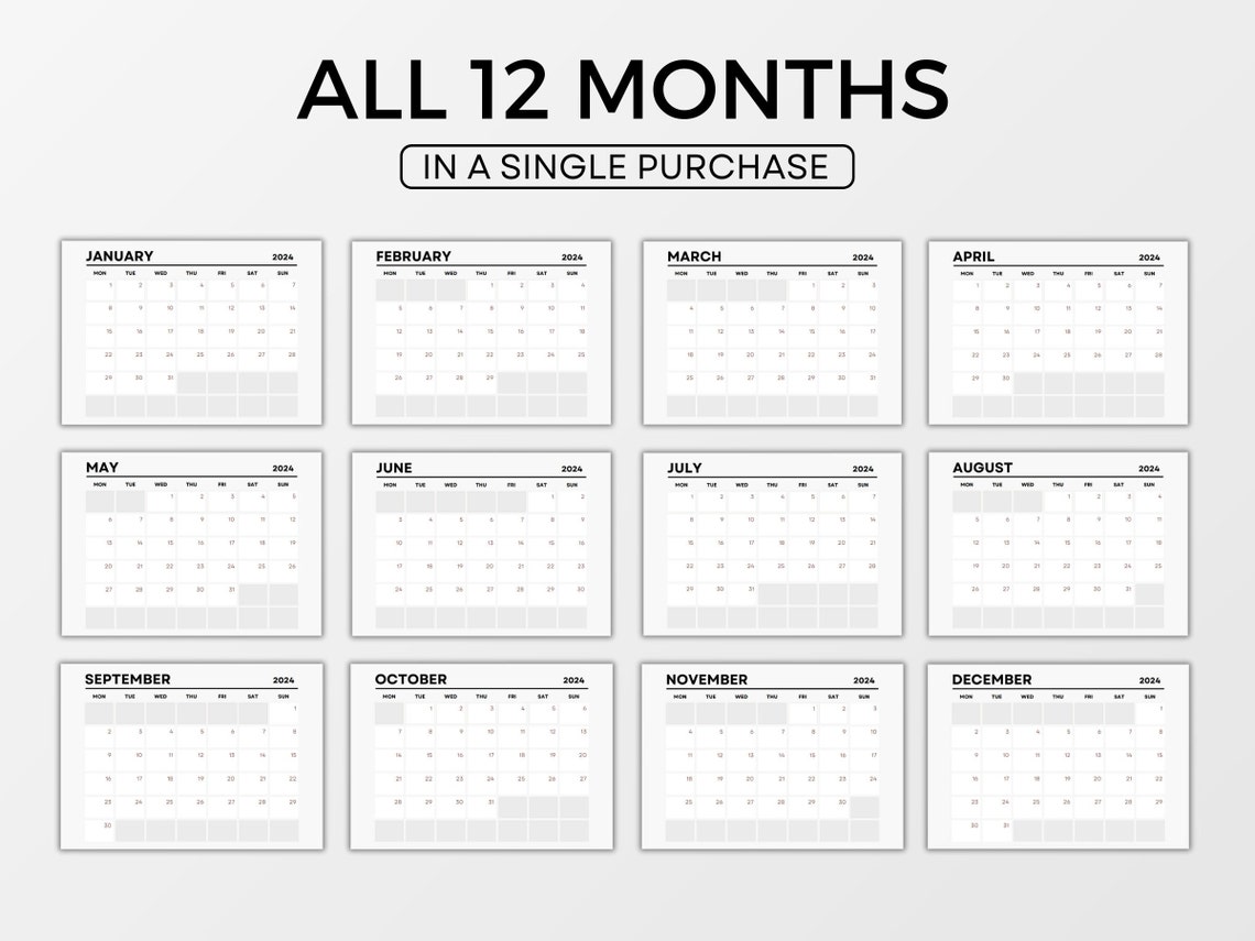 Printable 2024 Calendar All 12 Months Pack - Etsy