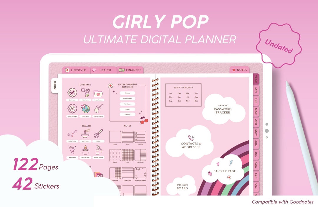 Girly Pop Pink Digital Lifestyle Planner - Undated, Goodnotes Planner ...