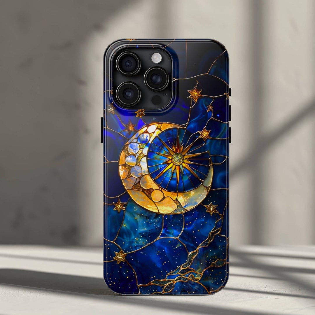 Celestial Stained Glass Moon Stars Phone Case iPhone 16, 15, 14, 13, 12, Pro, Pro Max, Plus ...