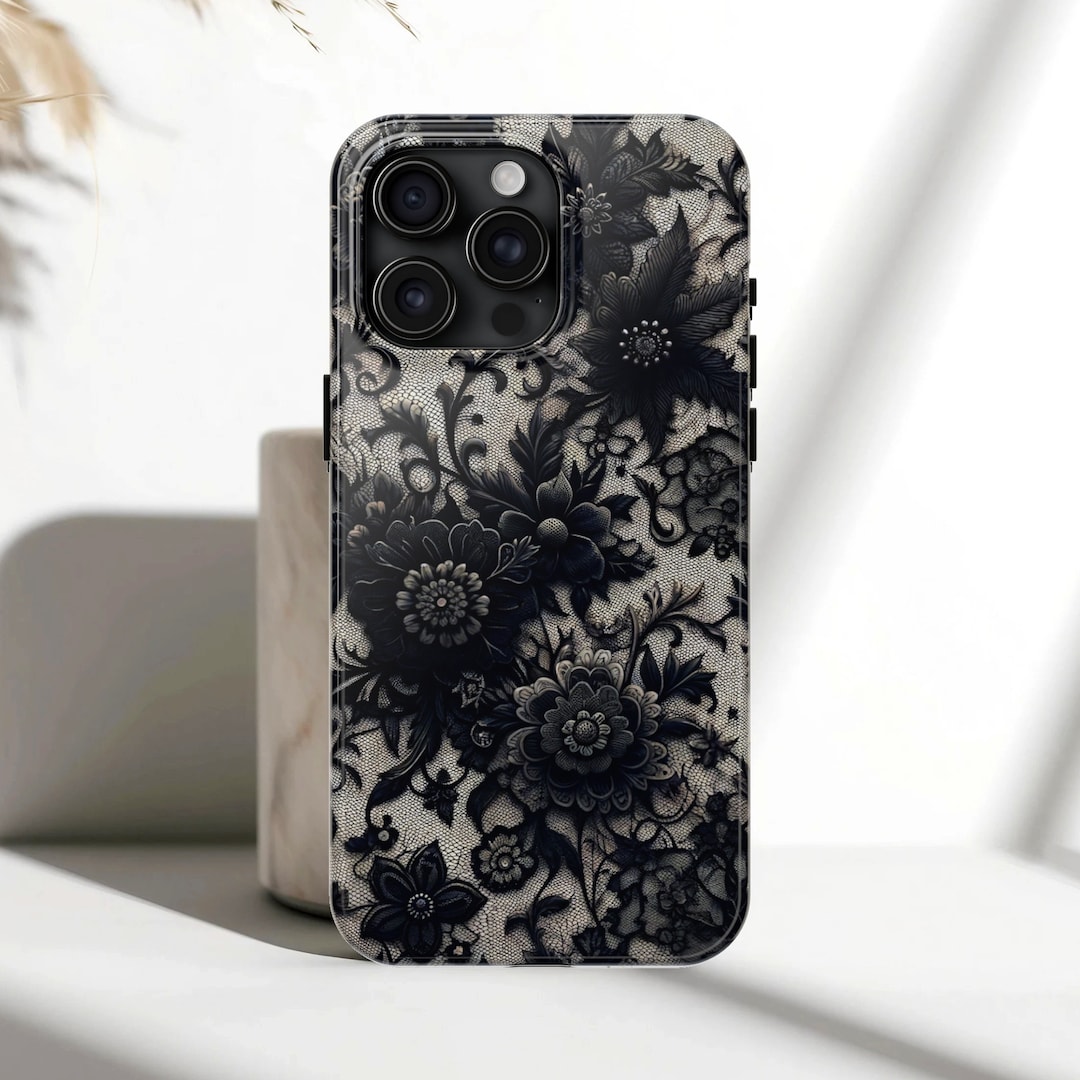 Floral Black Lace Effect Phone Case iPhone 16, 15, 14, 13, 12, 11, X ...