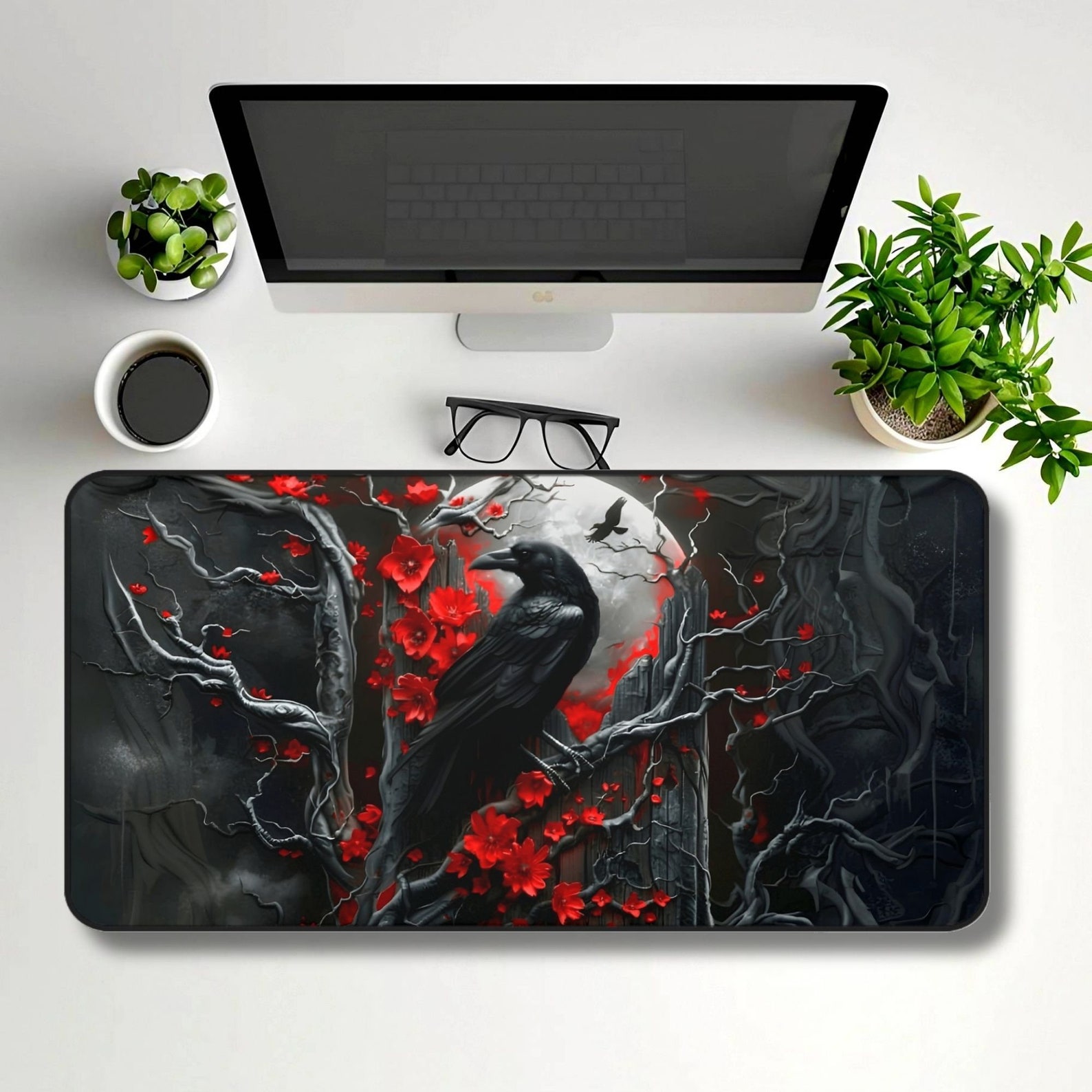 Goth Raven Desk Mat, Gothic Fantasy Raven & Moon Mousepad, Gaming ...