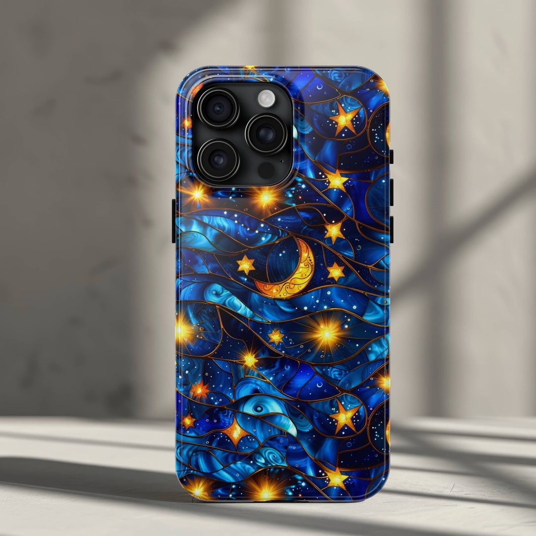 Celestial Stained Glass Moon Phone Case iPhone 17, 16, 15, 14, 13, 12 ...