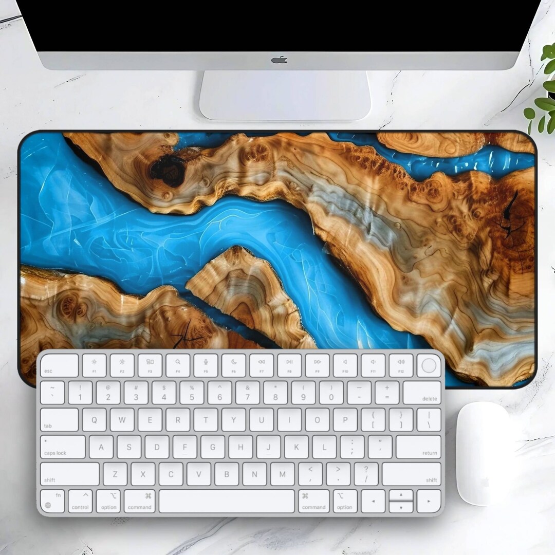 Faux Epoxy Wood Desk Mat, Blue Resin River Effect Mousepad, Gaming ...