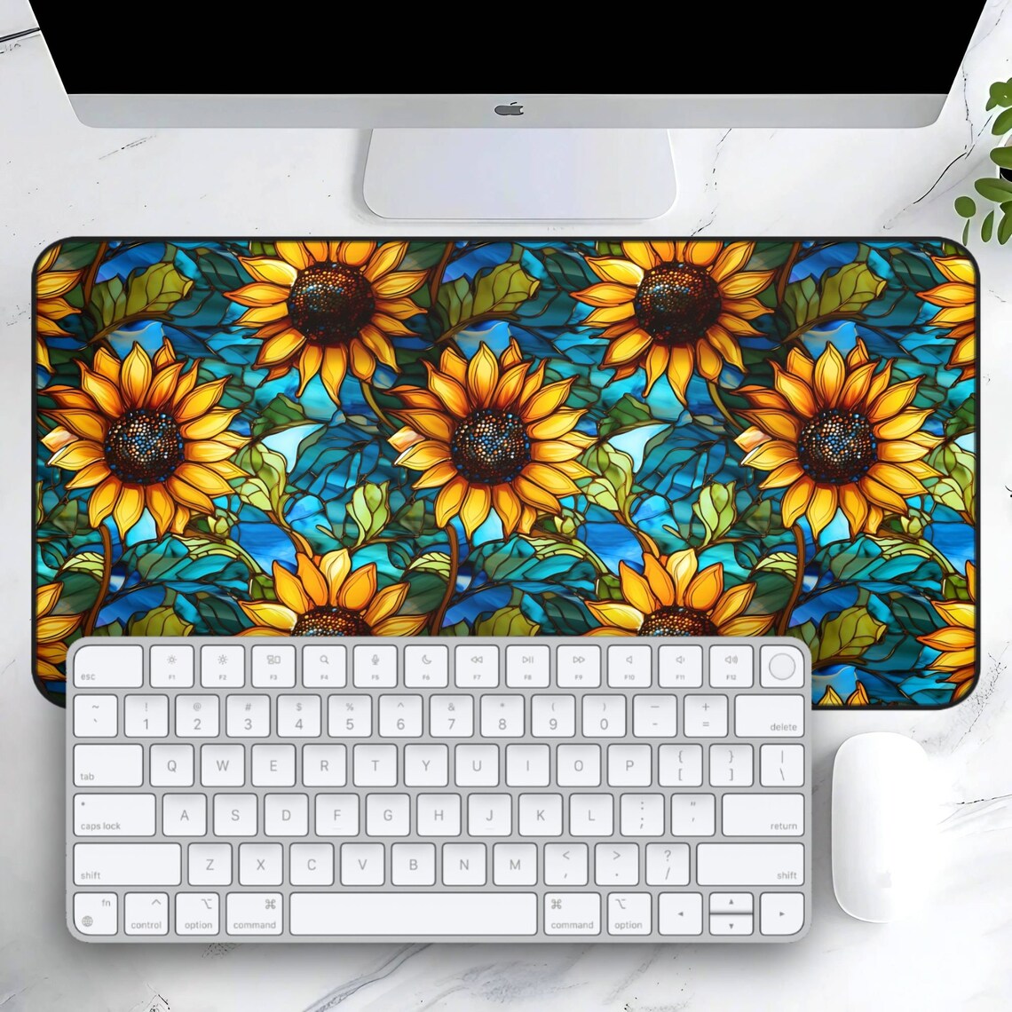 Sunflower Desk Mat, Faux Stained Glass Flower Mousepad, Gaming Playmat ...