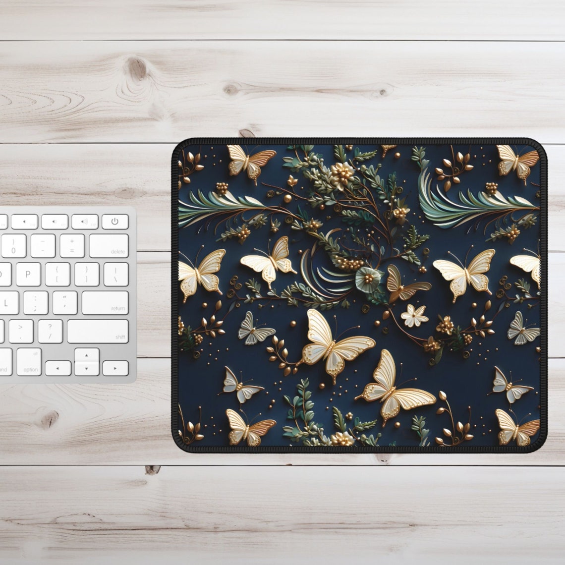 Butterfly Desk Mat, Golden Butterflies and Leaves Mousepad, Gaming ...