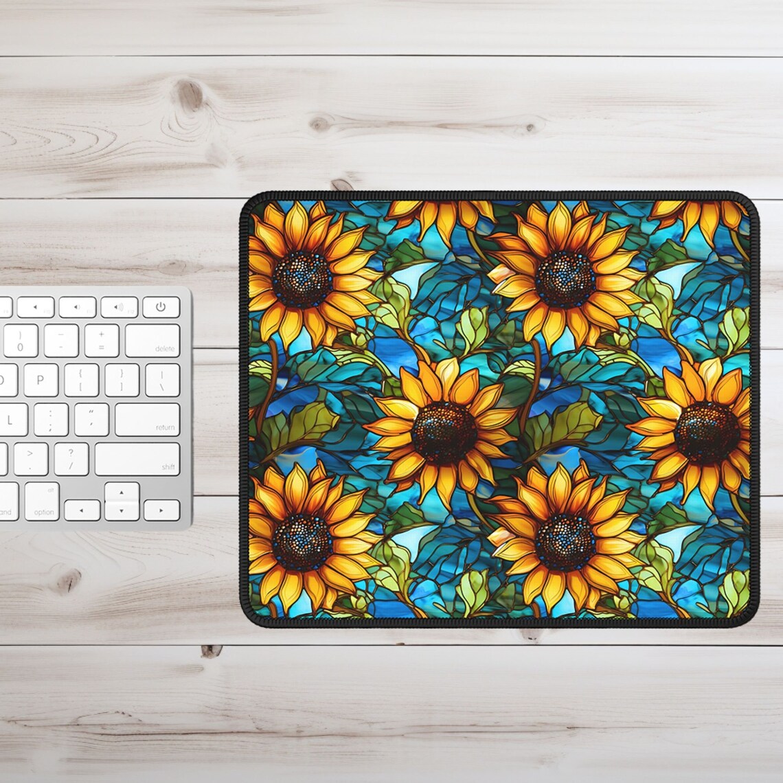 Sunflower Desk Mat, Faux Stained Glass Flower Mousepad, Gaming Playmat ...