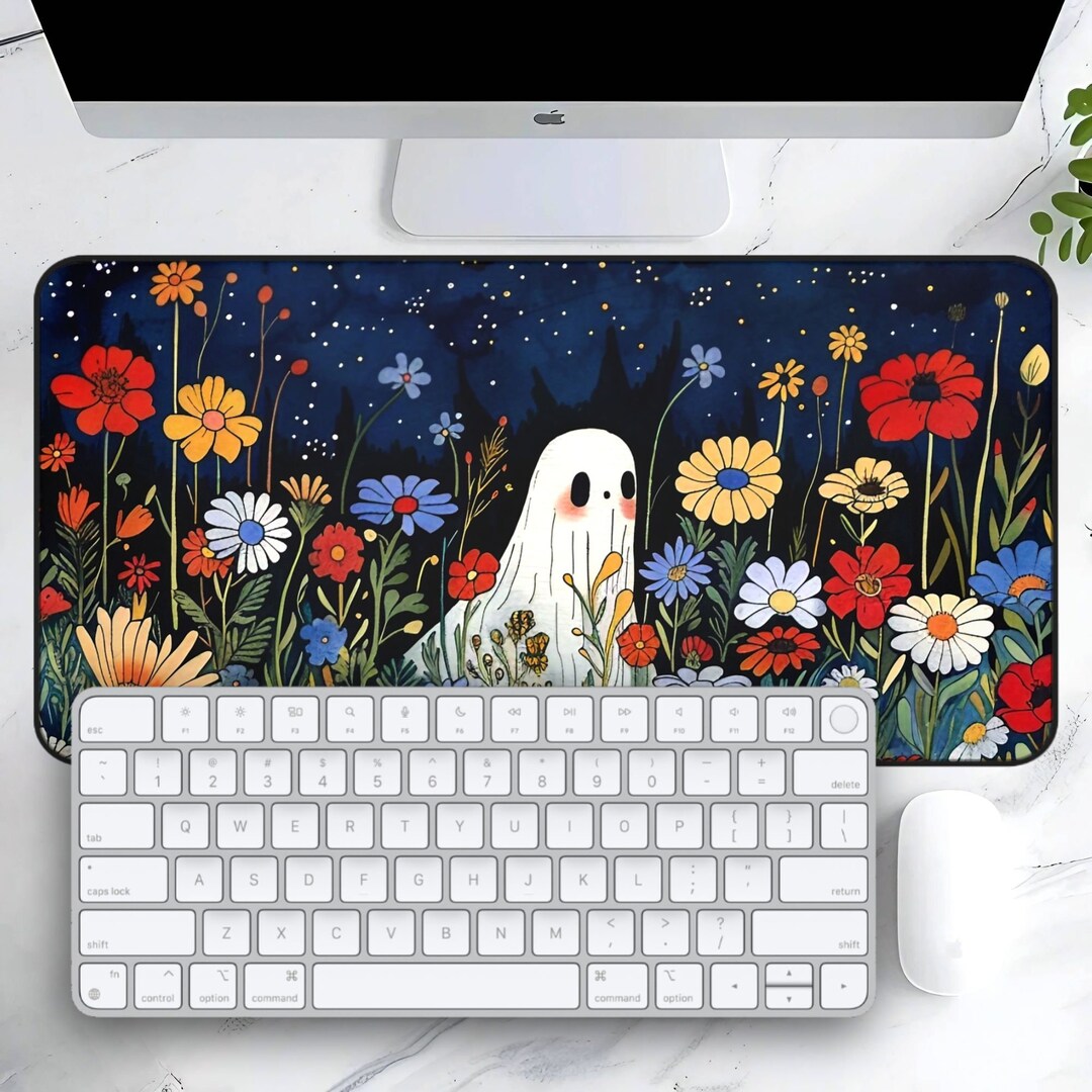 Cute Floral Ghost Desk Mat, Ghost in Flower Garden Mousepad, Gaming ...