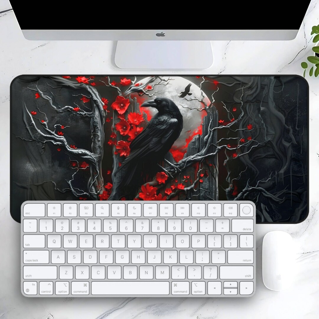 Goth Raven Desk Mat, Gothic Fantasy Raven & Moon Mousepad, Gaming ...