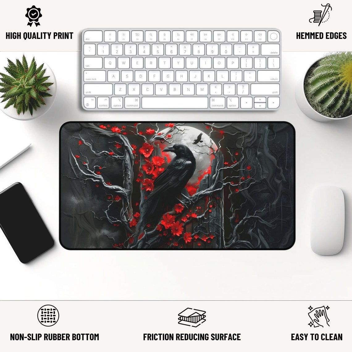 Goth Raven Desk Mat, Gothic Fantasy Raven & Moon Mousepad, Gaming ...