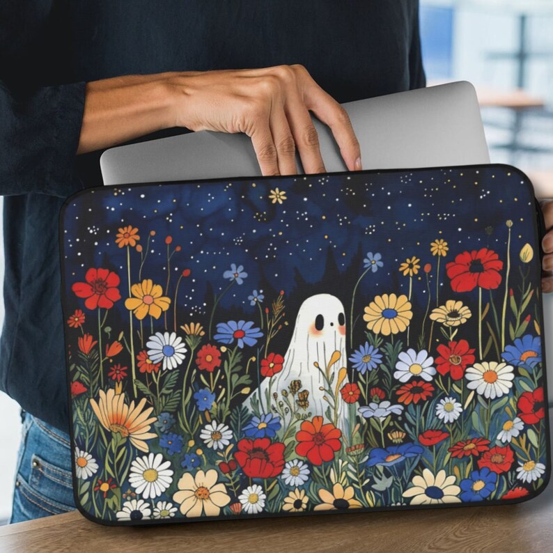 Cute Floral Ghost Laptop Sleeve, Ghost in Flower Garden Computer Case ...
