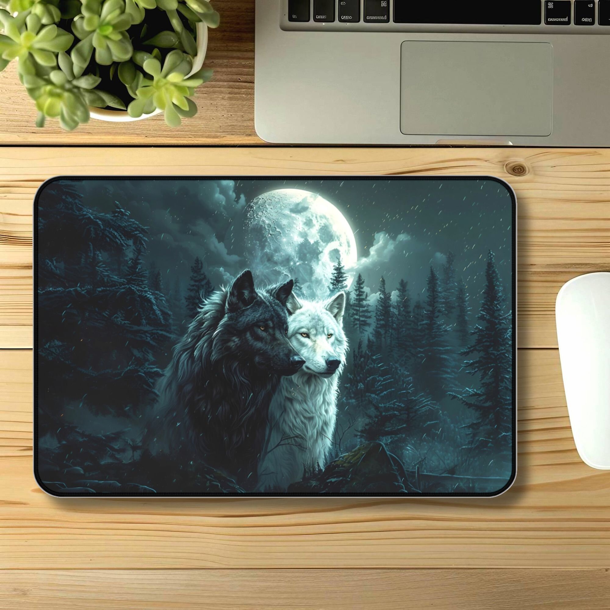 Night Wolf Desk Mat, Black and White Wolves Mousepad, Gaming Playmat XL ...