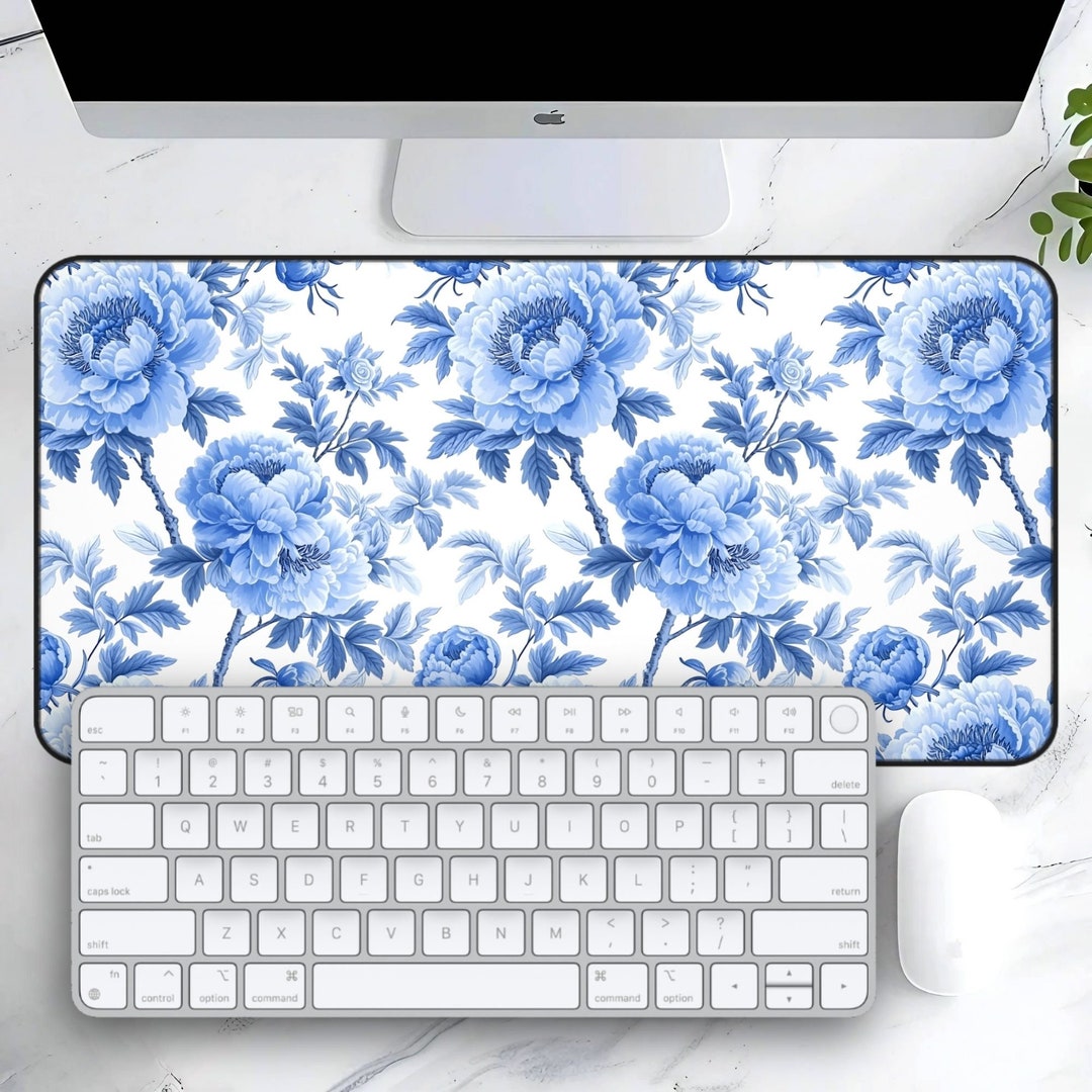 Toile De Jouy Desk Mat, Blue and White Floral Mousepad, Gaming Playmat ...