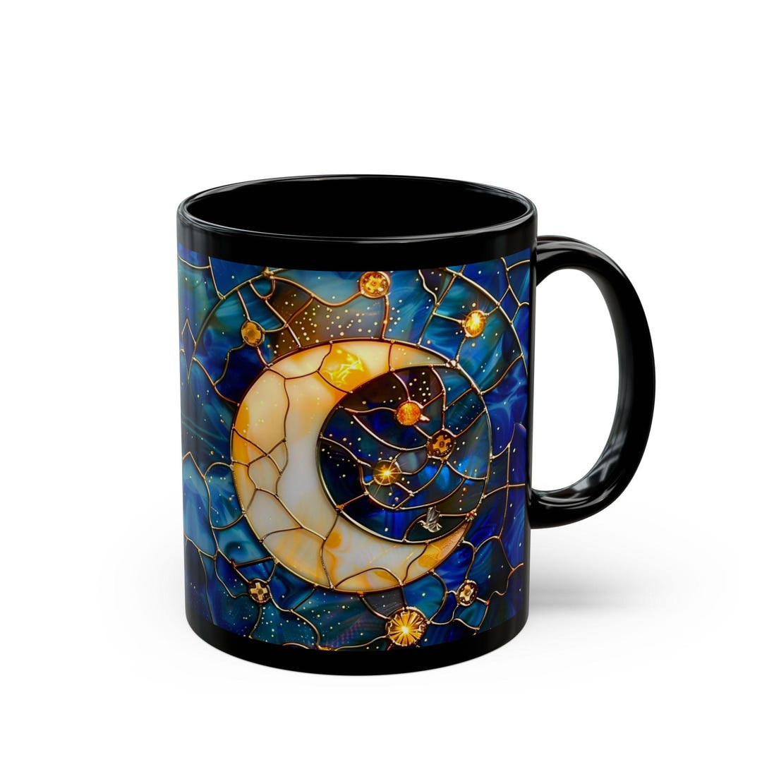 Stained Glass Moon Mug, Celestial Stars Black Coffee Mug, Luna Night ...