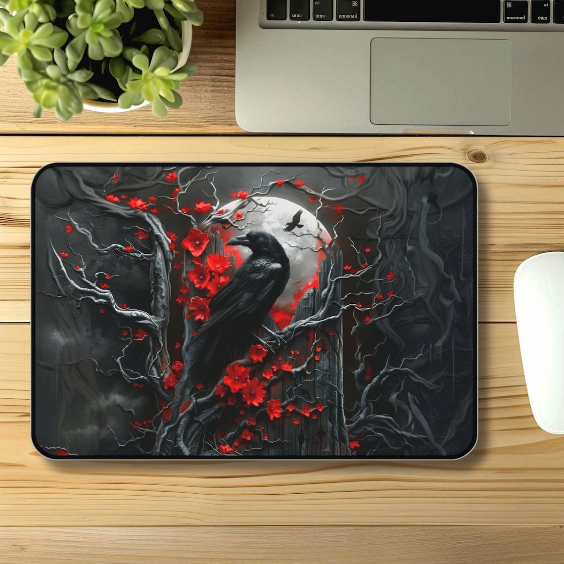 Goth Raven Desk Mat, Gothic Fantasy Raven & Moon Mousepad, Gaming ...