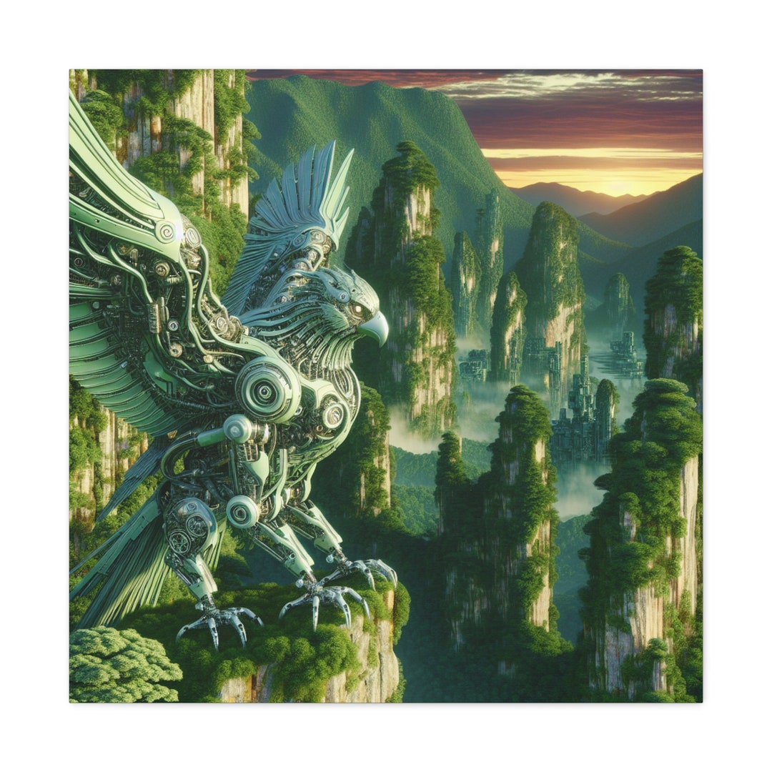 Steampunk Mechanical Avian Scout Overlooking Misty Peaks Canvas - Etsy
