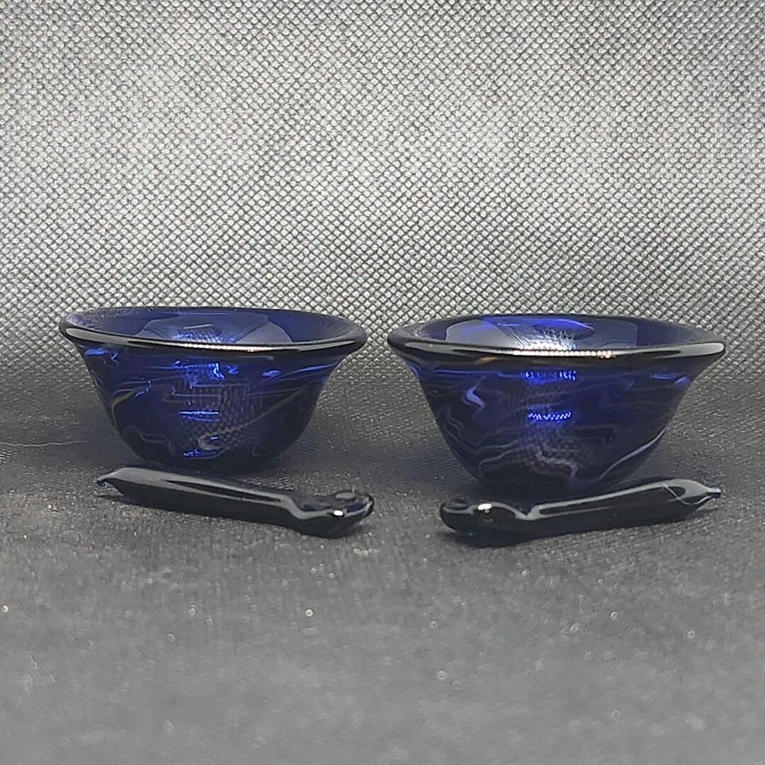 Salt Dish Set of Two- Cobalt Blue Glass Salt Cellars With Miniature ...