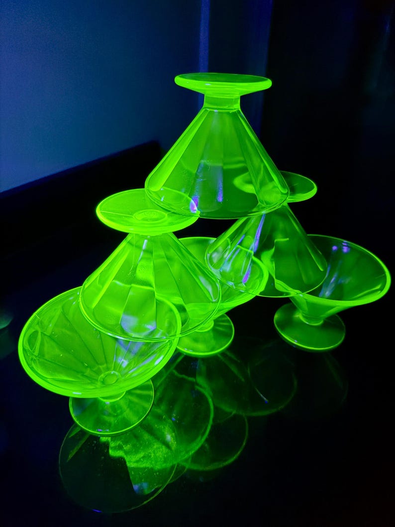 30s Green Depression Federal Glass Sherbet Set Vaseline Uranium UV Glow ...