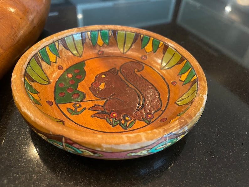 40s Norwegian Folk Art Wood Turned Bowl Carved Squirrel Celtic Knot ...