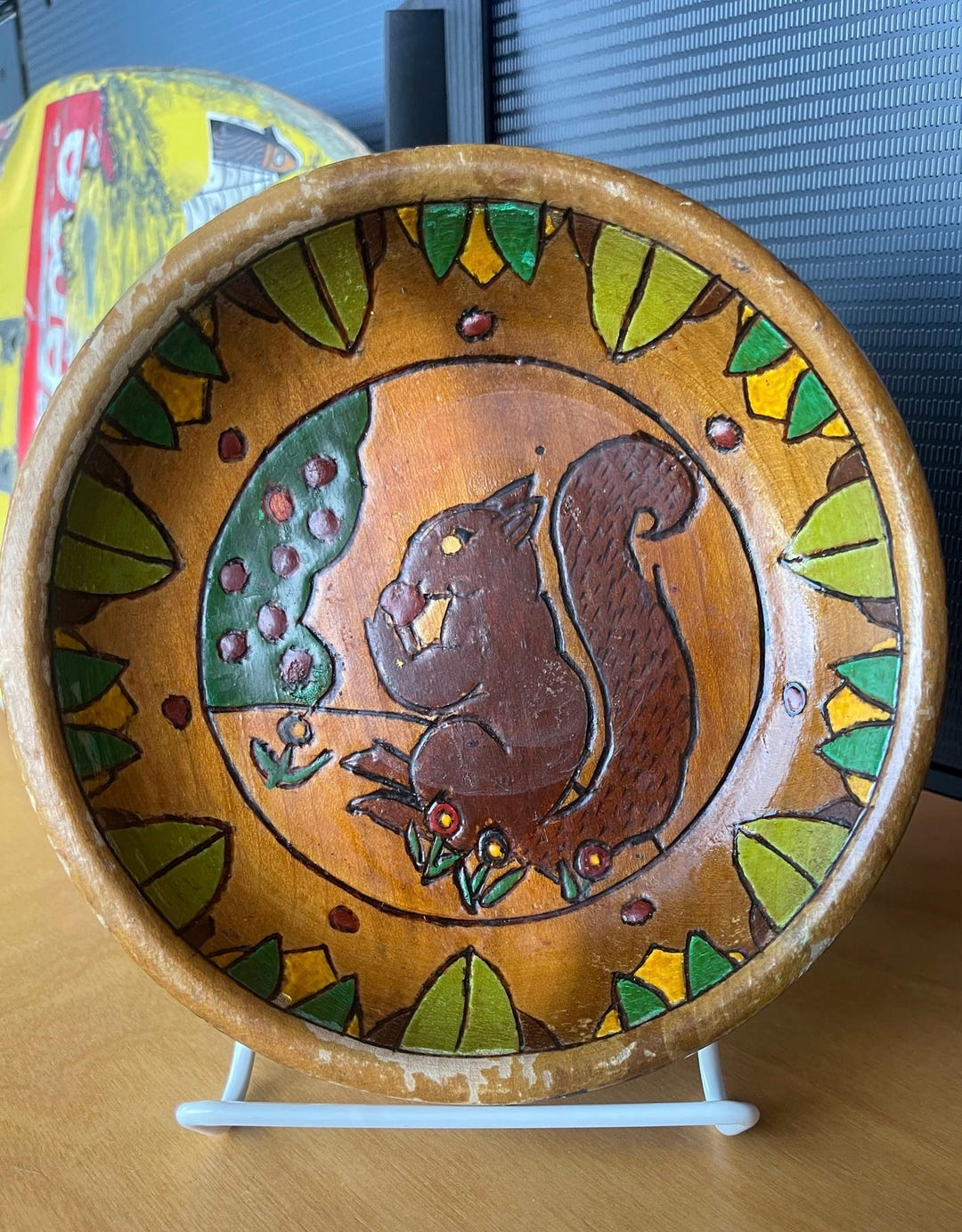 40s Norwegian Folk Art Wood Turned Bowl Carved Squirrel Celtic Knot ...