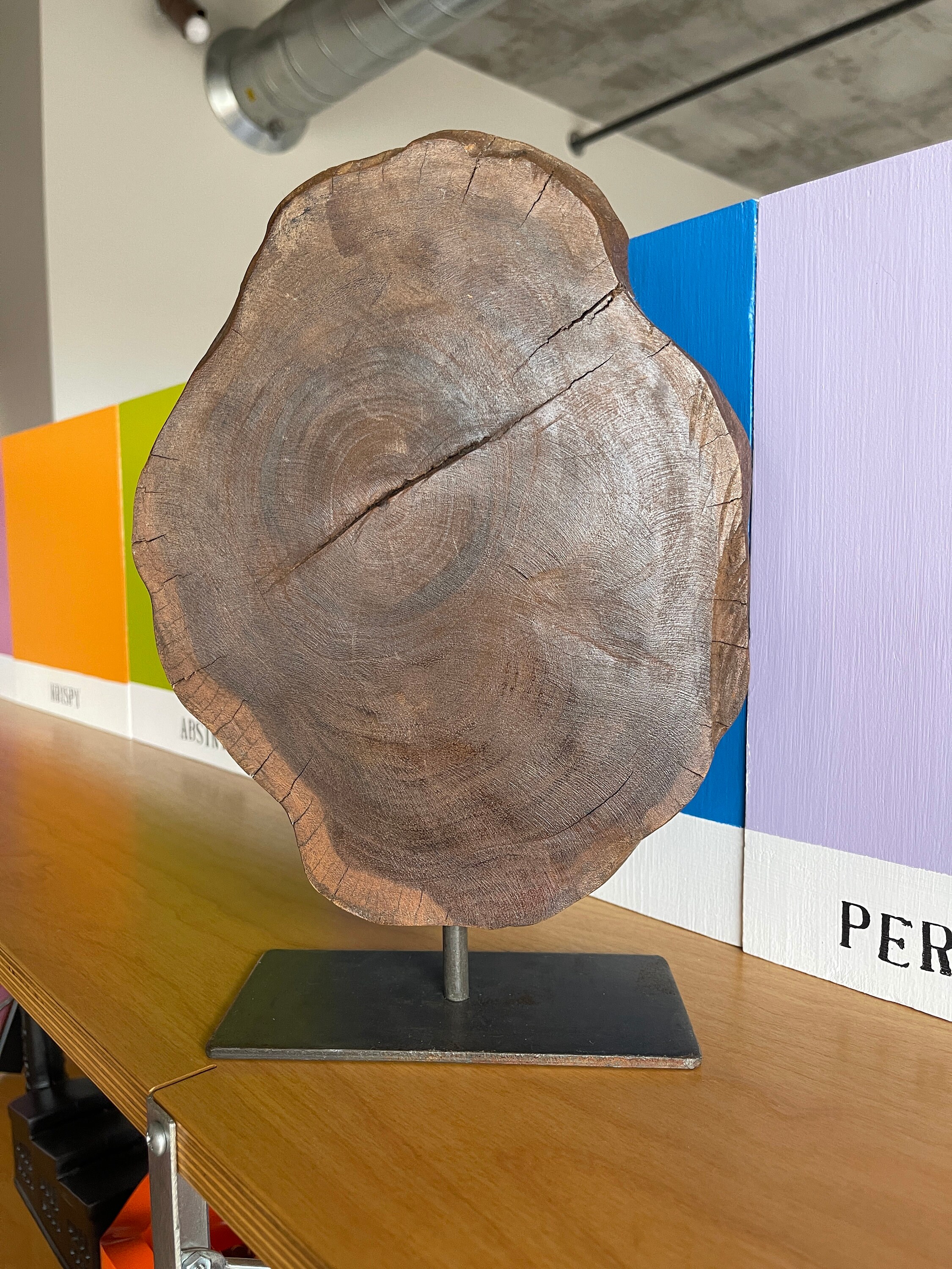 Midcentury Walnut Wood Slab Sculpture Heavy Steel Base Midcentury ...