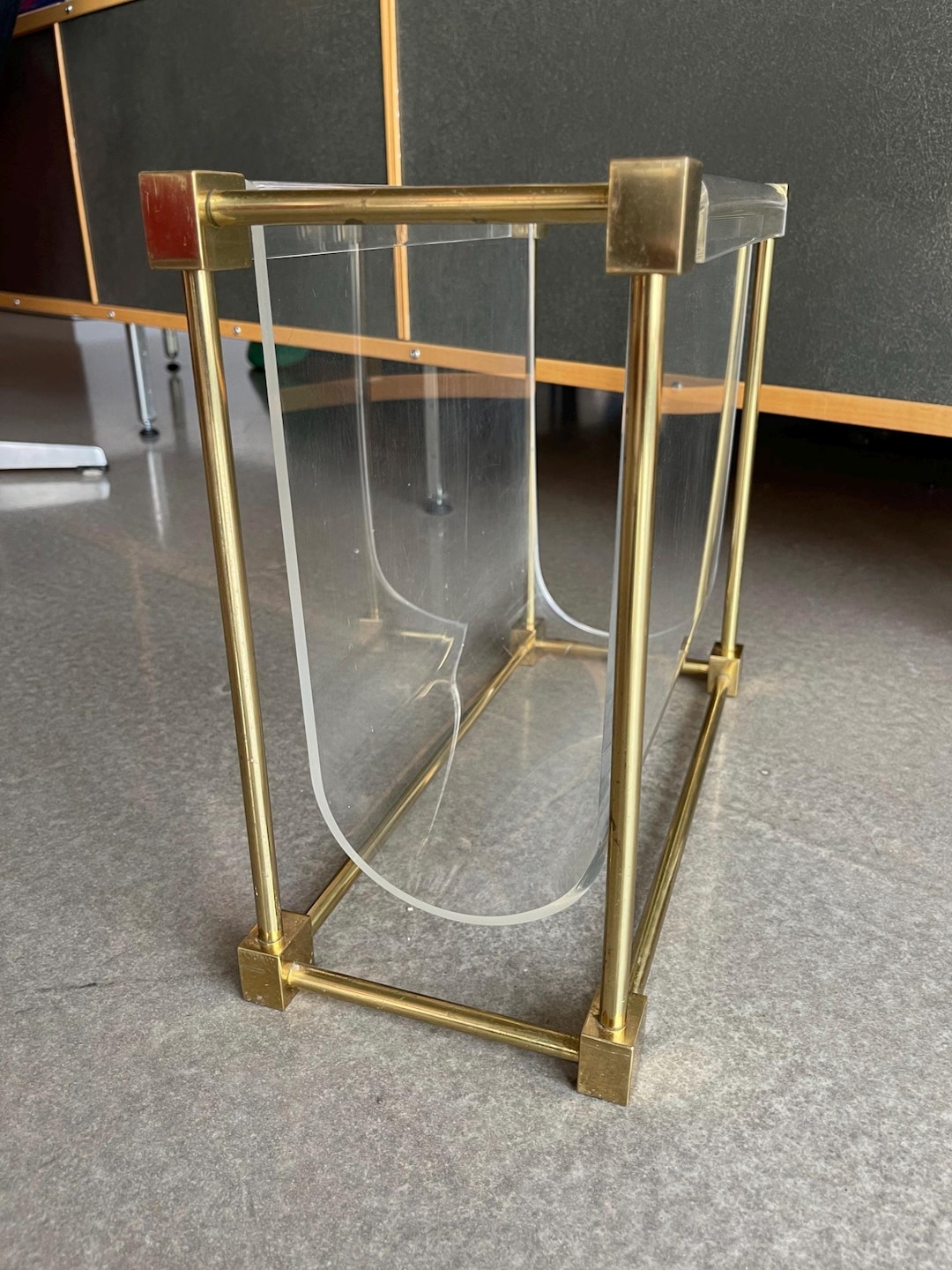 Charles Hollis Jones Regency Brass Formed Lucite Magazine Rack Holder ...