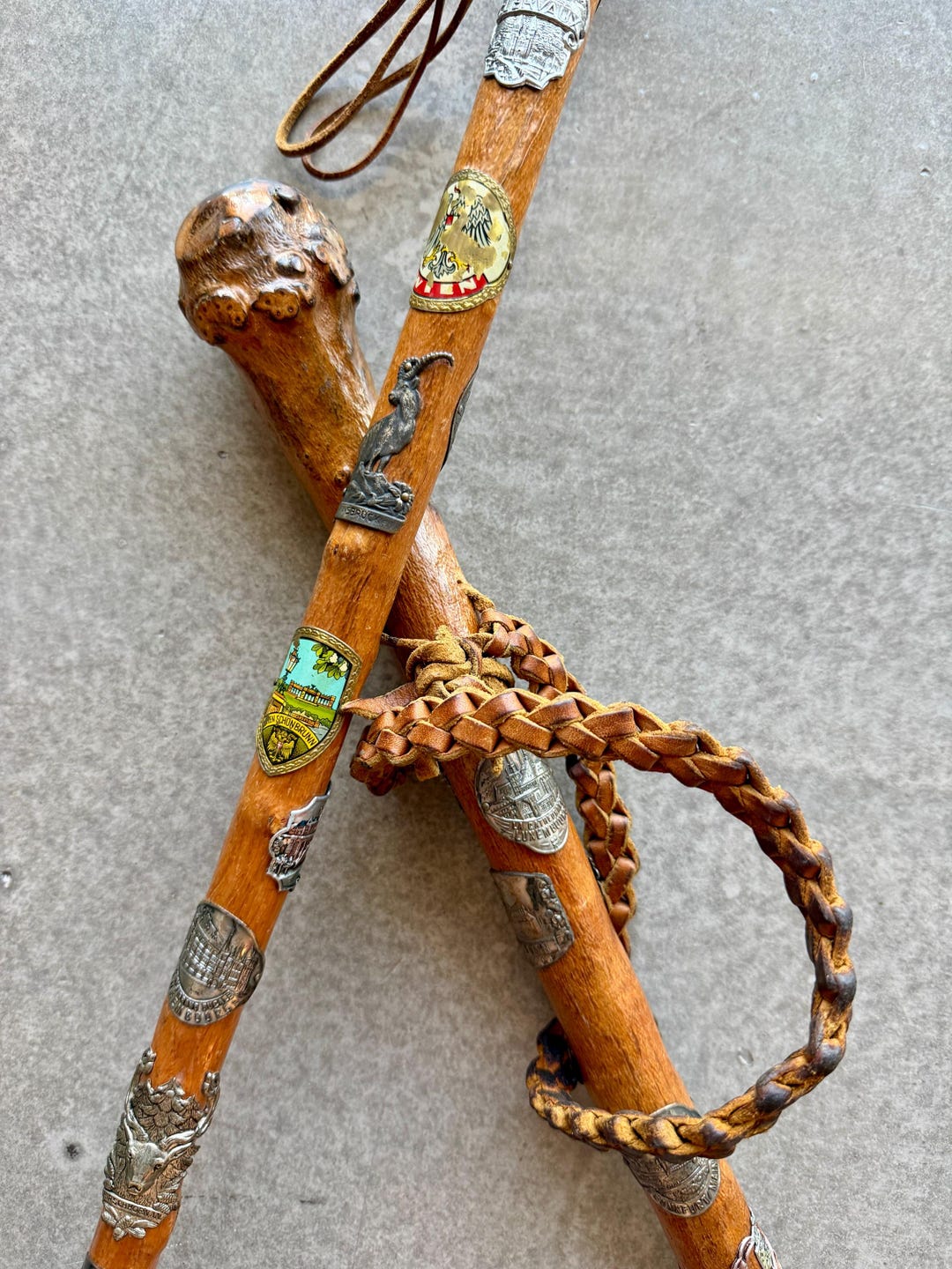 70s German Volksmarches Folk Art Walking Sticks Leather Straps Pin ...