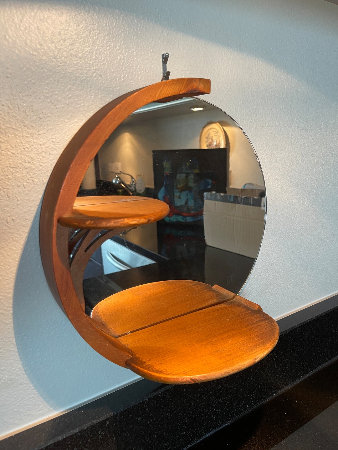40s Midcentury Round Mirror Wood Shelf Scroll Products Aalto Deco - Etsy
