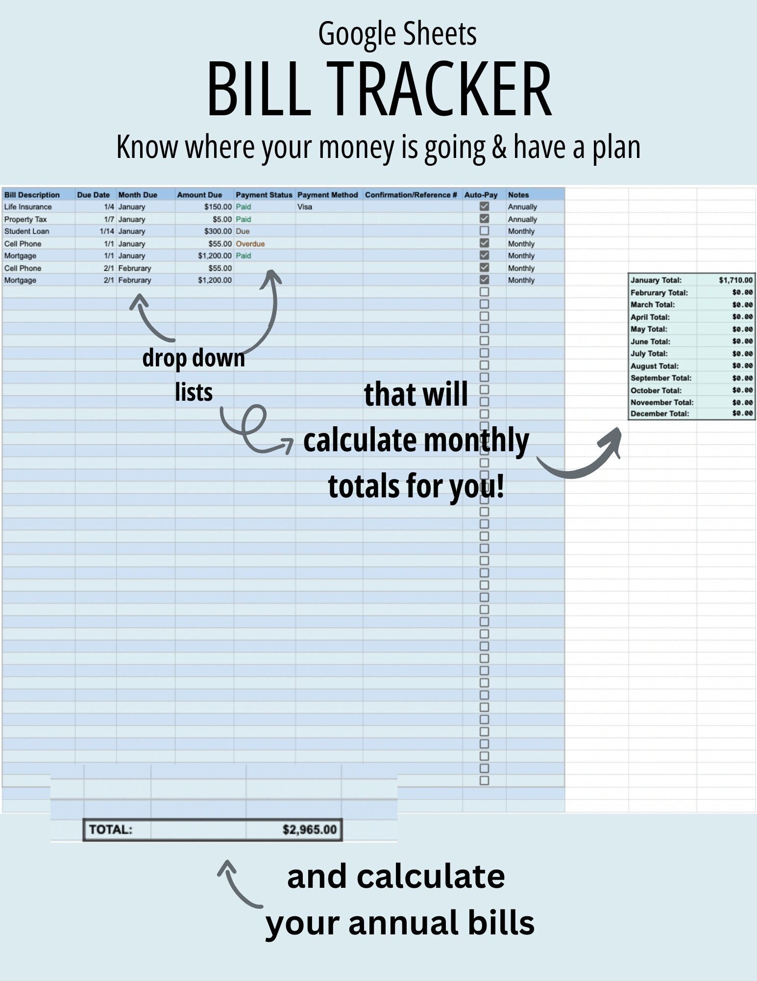 Bill Tracker Spreadsheet Google Sheets Bill Calendar Monthly Bill ...