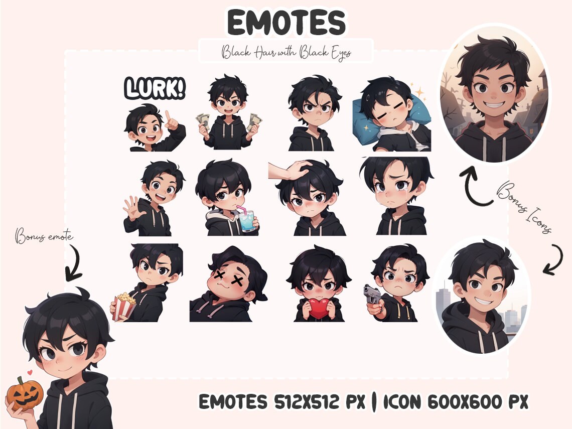 BOY EMOTES Black Hair Black Eyes Twitch Emotes - Etsy
