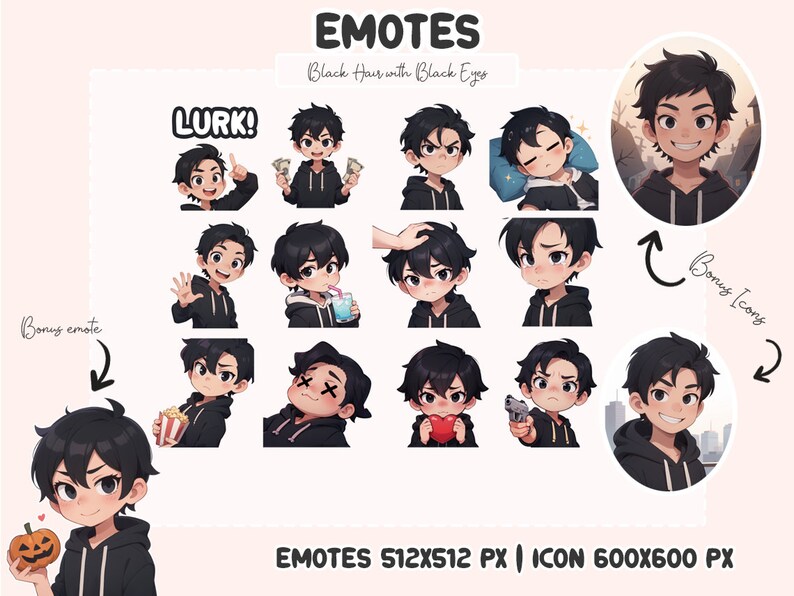 BOY EMOTES Black Hair Black Eyes Twitch Emotes - Etsy