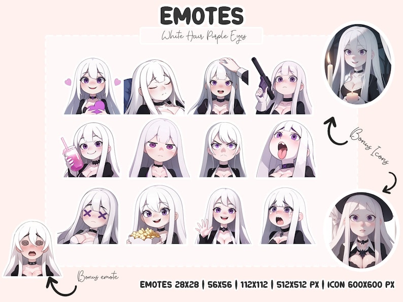 TWITCH EMOTES White Hair & Purple Eyes bonus - Etsy