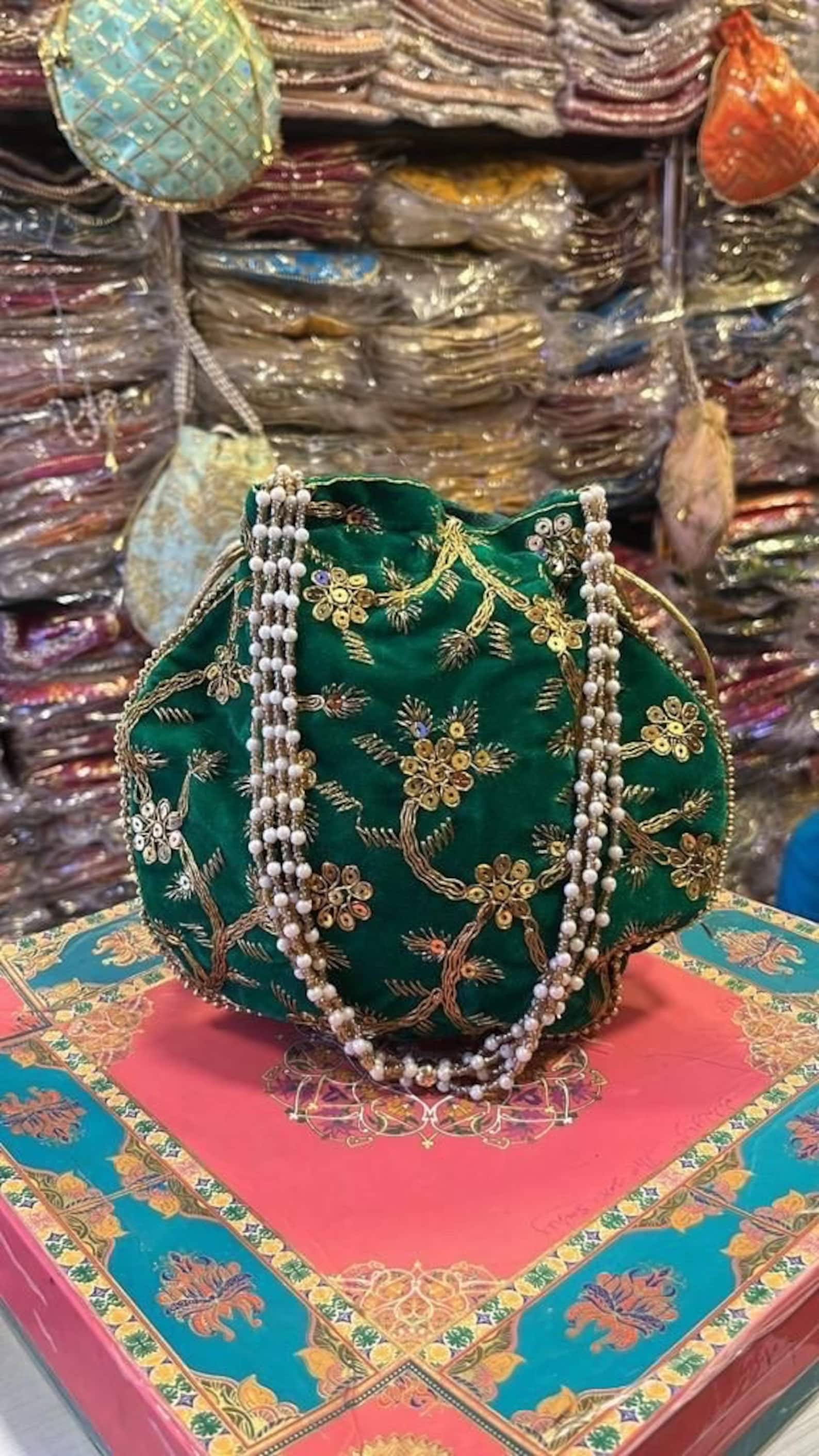 Embroidered Velvet Potli Bag | Pearl Handle, Wedding Favor Purse - Etsy