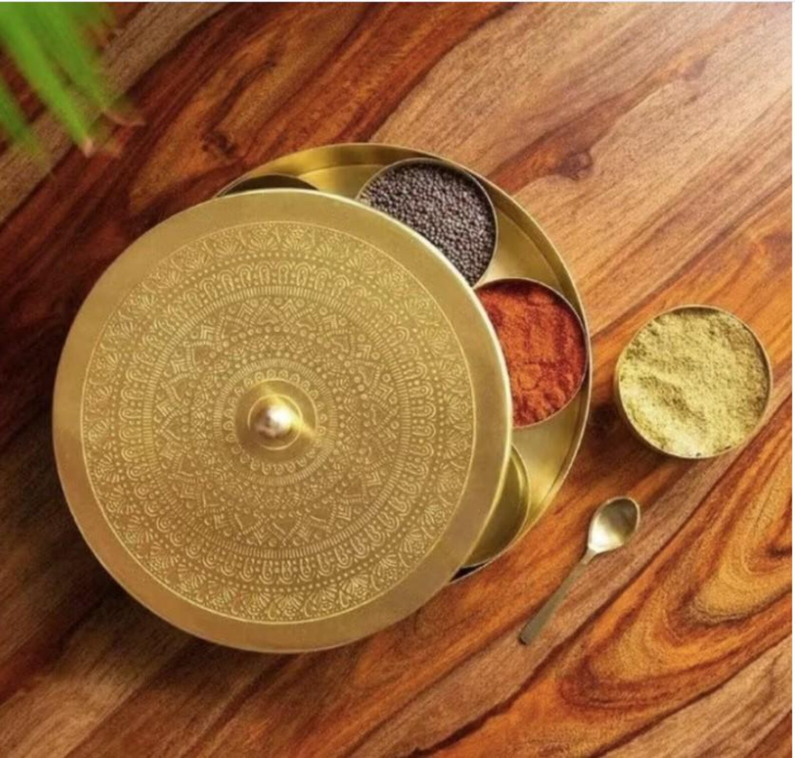 Handmade Indian Brass Spice Box With Spoon, Decorative Kitchen Storage ...