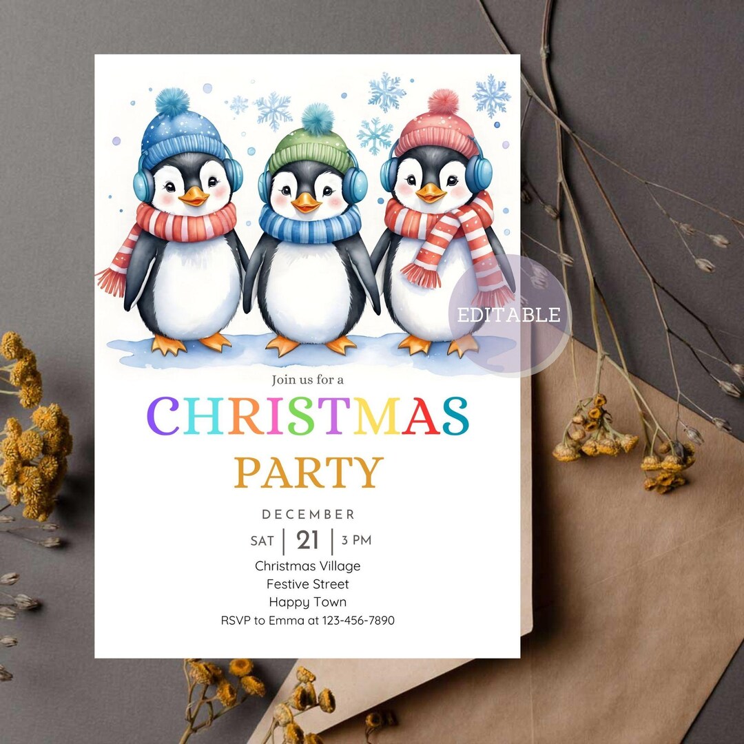Penguin Christmas Party Invitation Winter Holiday Invite With Penguin ...