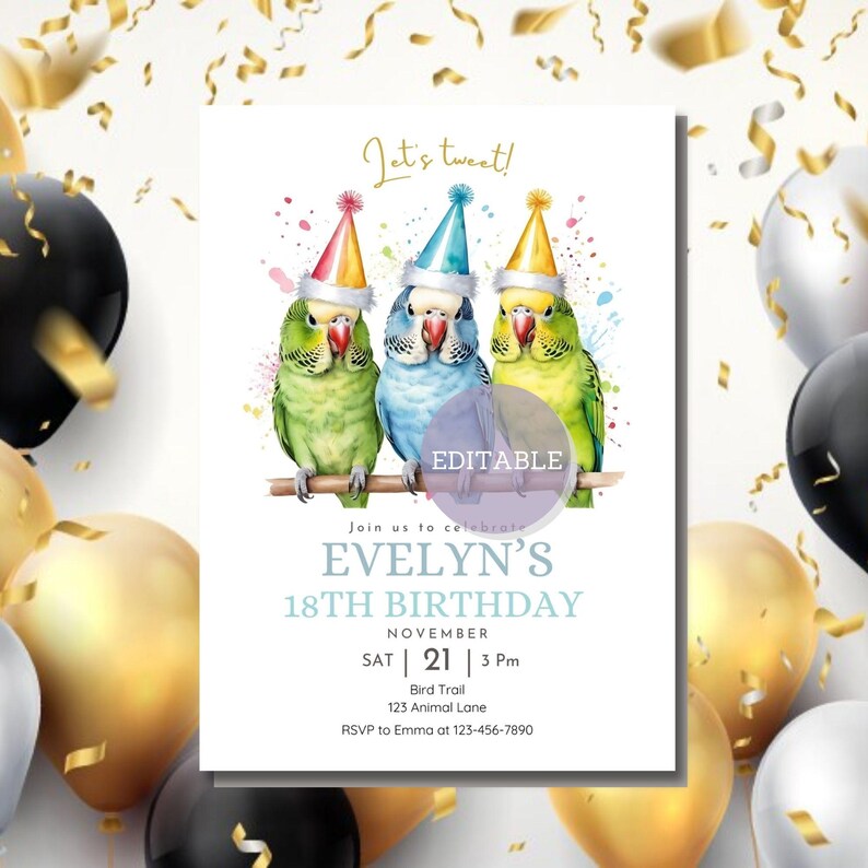 Parakeets Birthday Invitation Template | Printable Parrot Invitation ...
