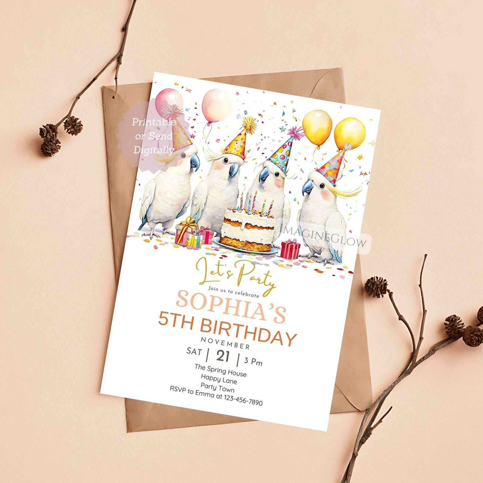 Cockatoo Birthday Invitation Cute Parrot Birthday Invite Tropical Bird ...