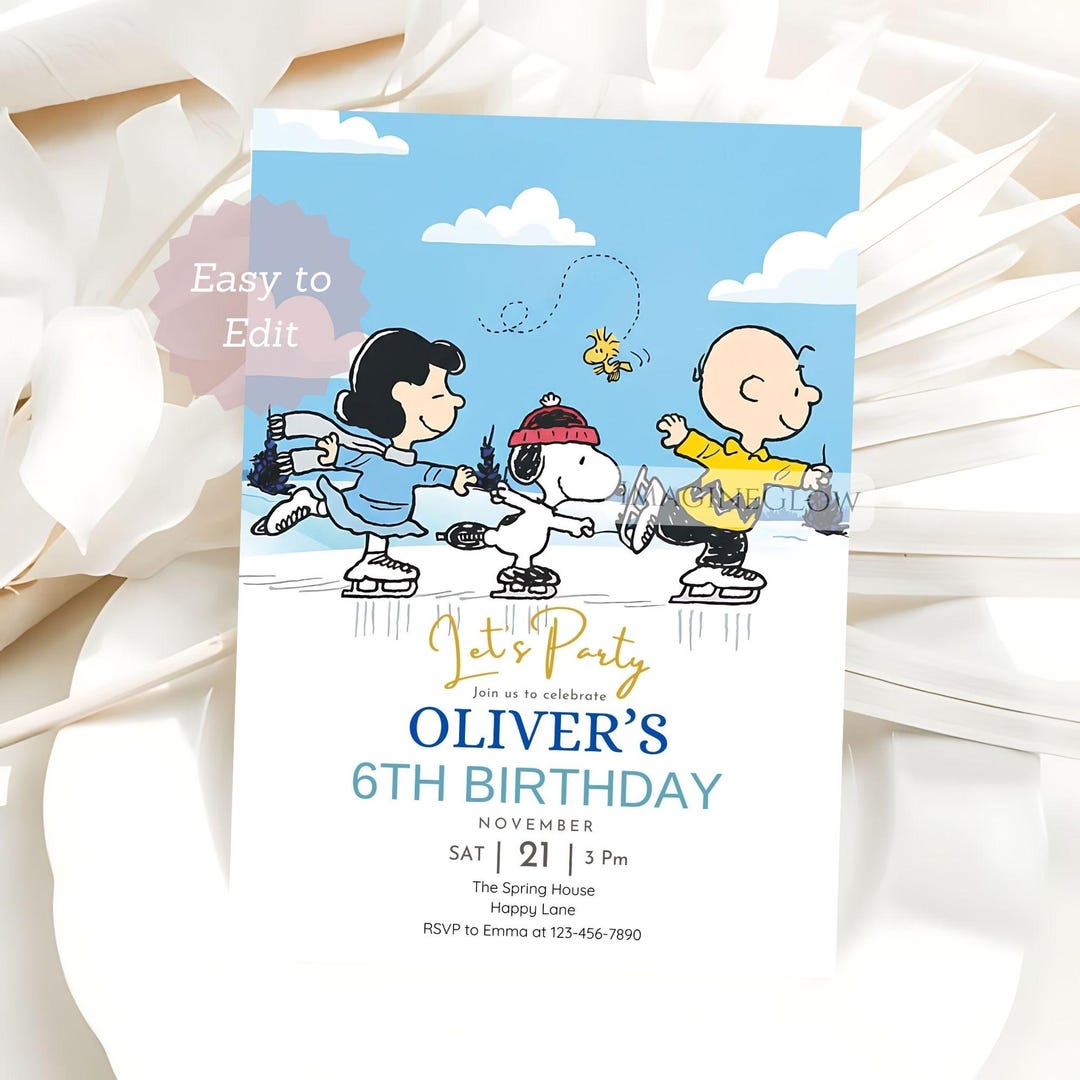 Snoopy Birthday Invitation: Ice Skating Party Invite Template, Editable ...