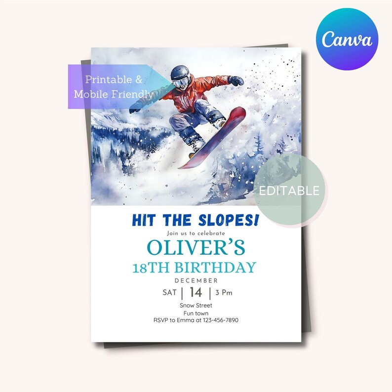 Snowboard Birthday Invitation Template: Editable Winter Party Invite ...