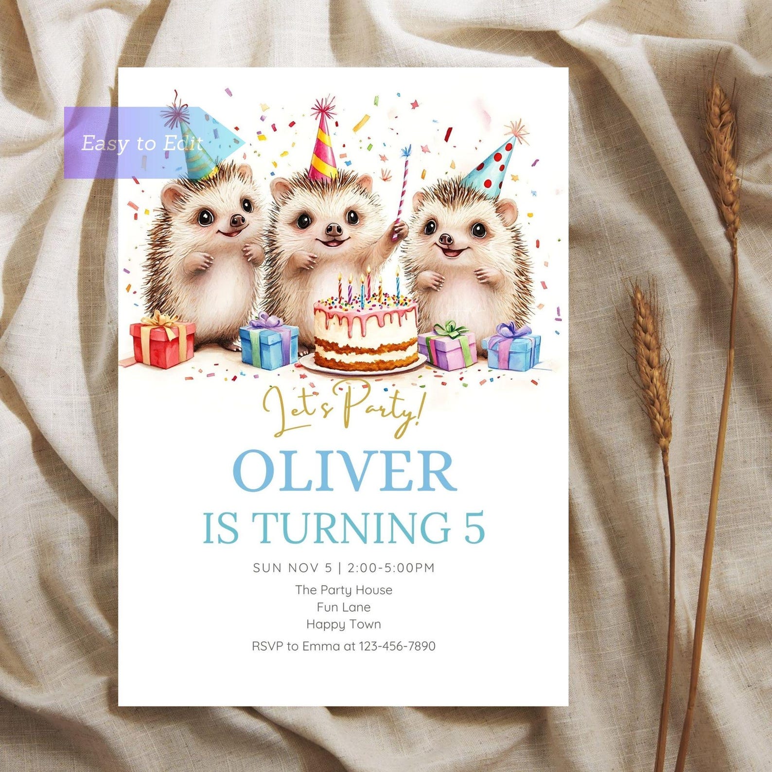 Woodland Hedgehog Party Invitation Cute Forest Animal Birthday Card ...