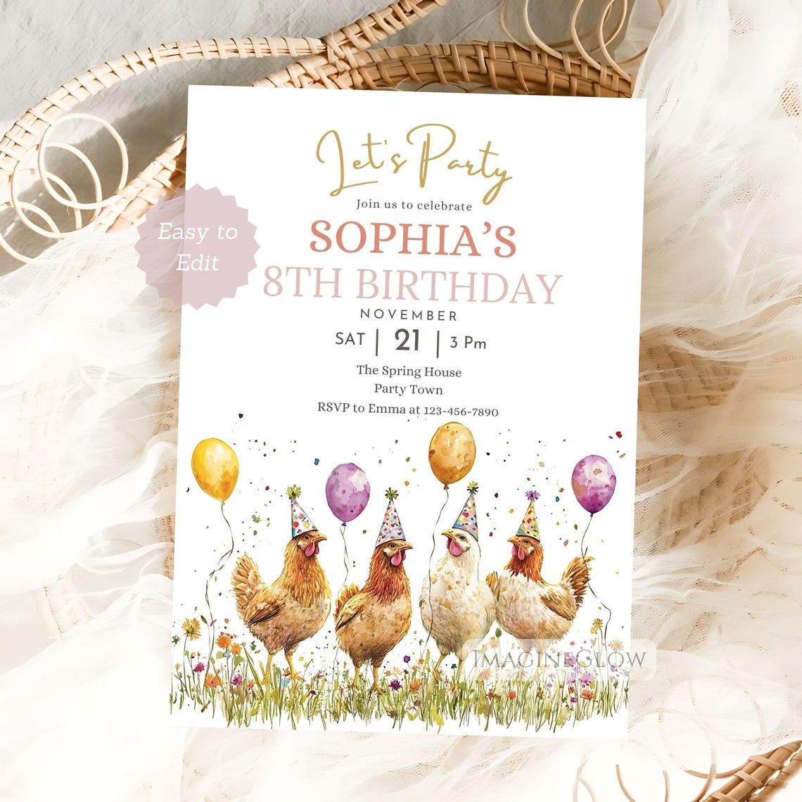 Wildflower Chicken Birthday Invitation: Editable Farm Party Invite ...