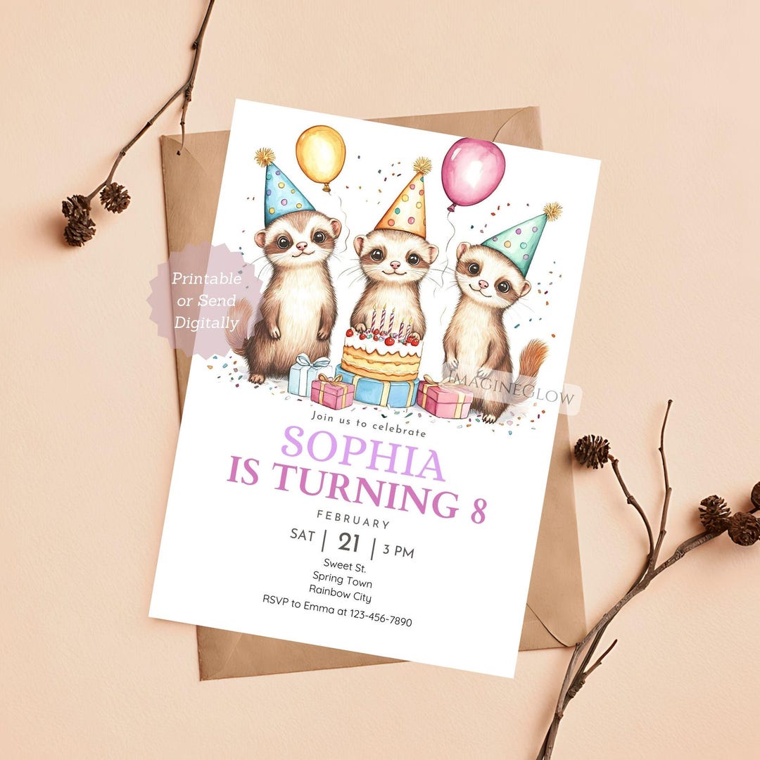 Ferret Birthday Invitation Fun Animal Party Invite Cute Ferret Invite ...