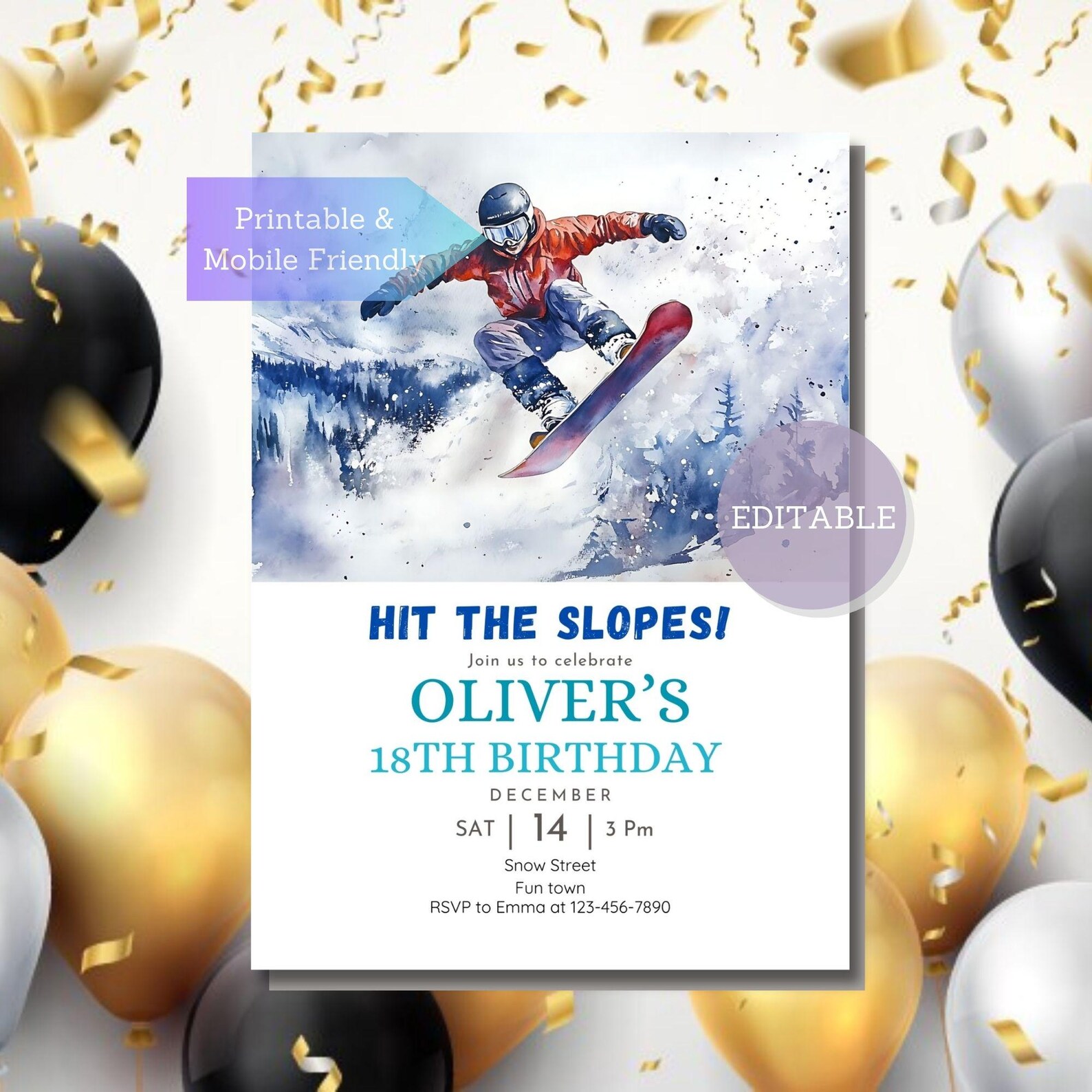Snowboard Birthday Invitation Template: Editable Winter Party Invite ...