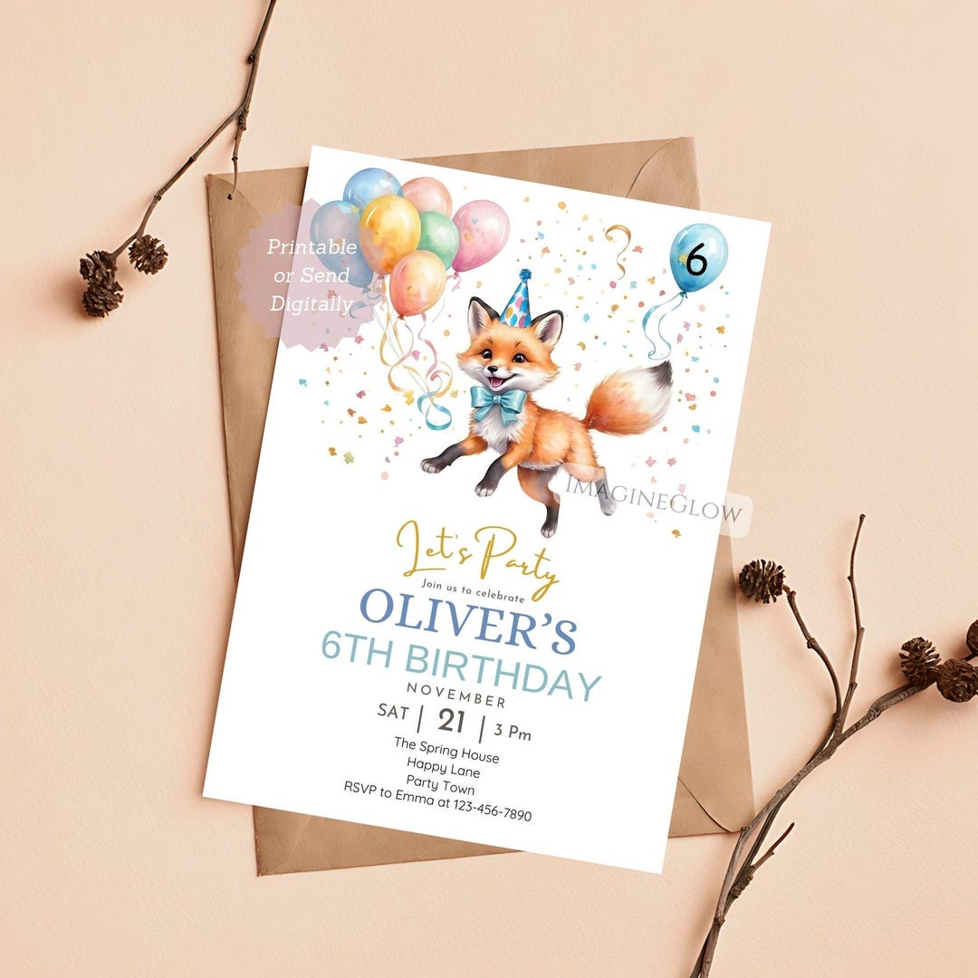 Fox Birthday Invitation Fox Party Invite Cute Fox Boys Birthday ...