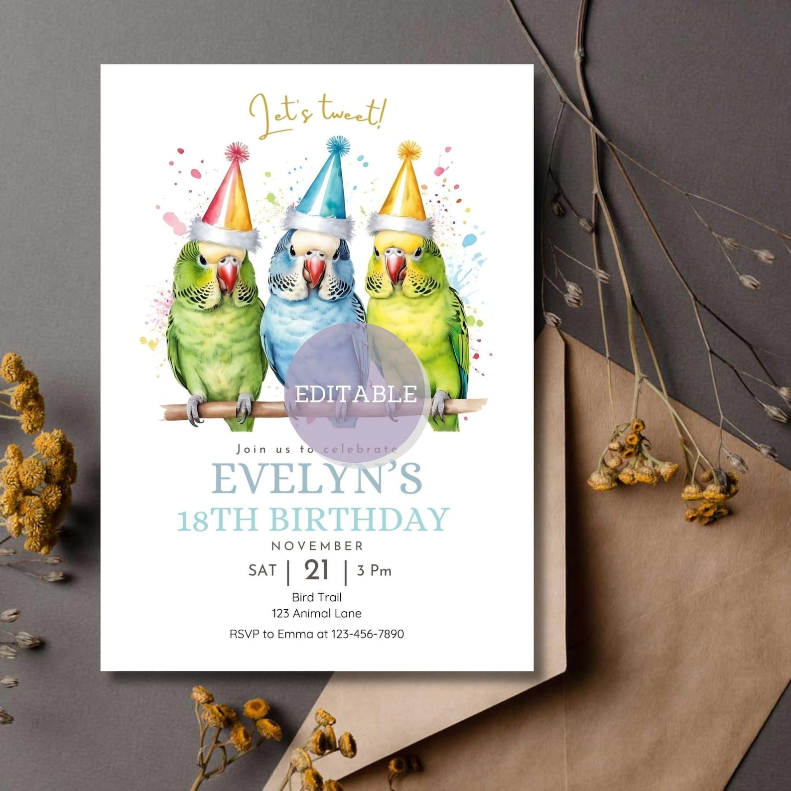 Parakeets Birthday Invitation Template | Printable Parrot Invitation ...